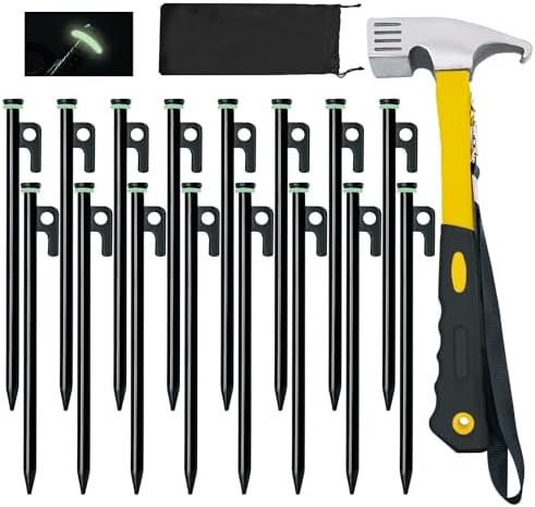 16 Pack Tent Stakes with Hammer, 8in Heavy Duty Tent Stakes + 10in ...