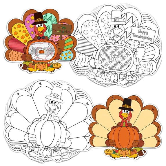 16 Pack Thanksgiving Coloring Placemats for Kids Double Side Turkey Art ...