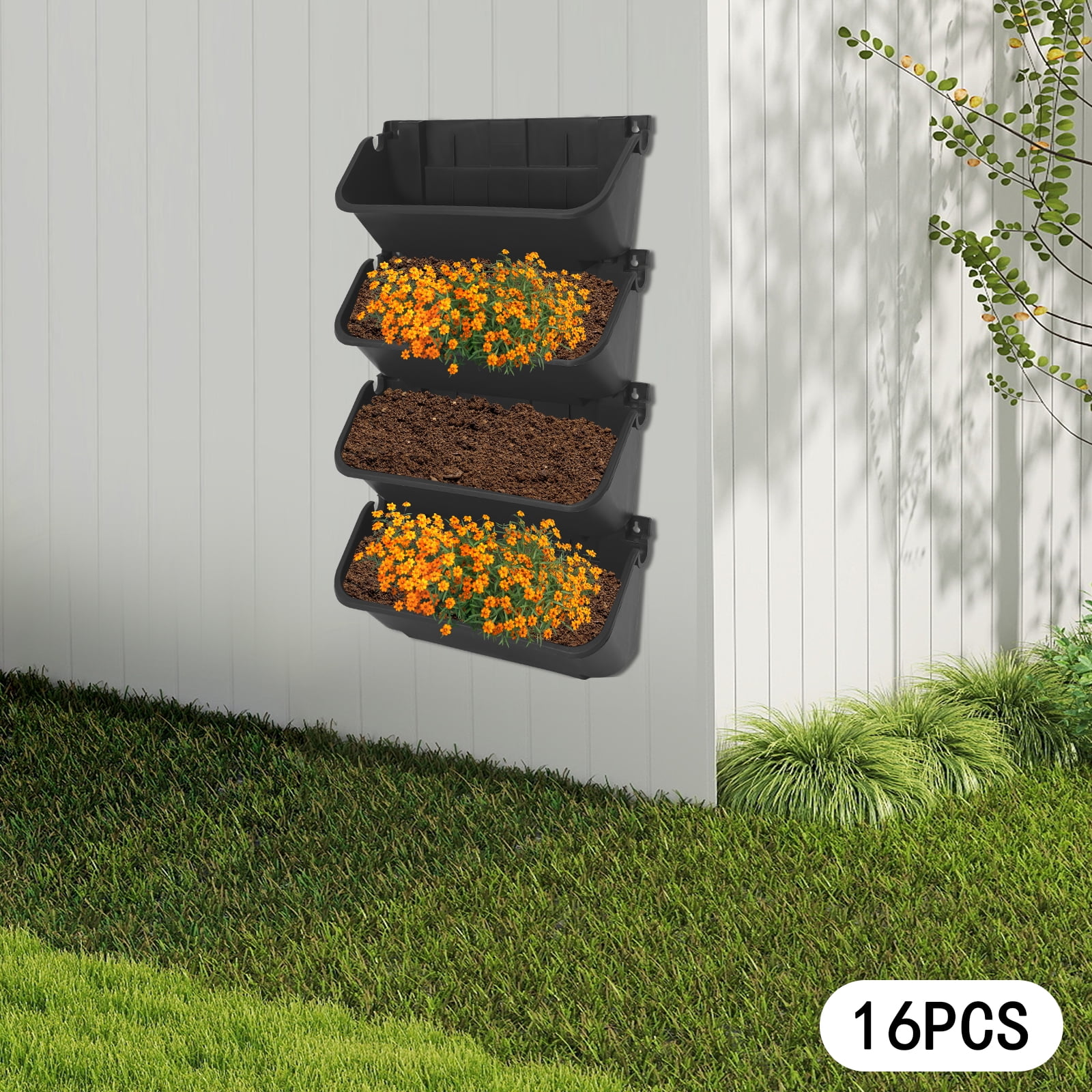 16-Pack Wall-Mounted Planter Pots Black Vertical Garden Planters with ...
