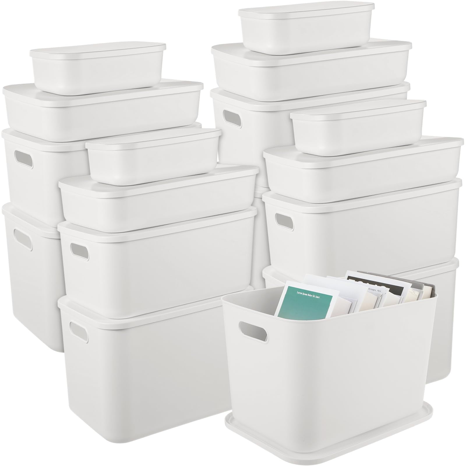 16 Pack White Plastic Storage Bins with Lids Stackable Classroom ...