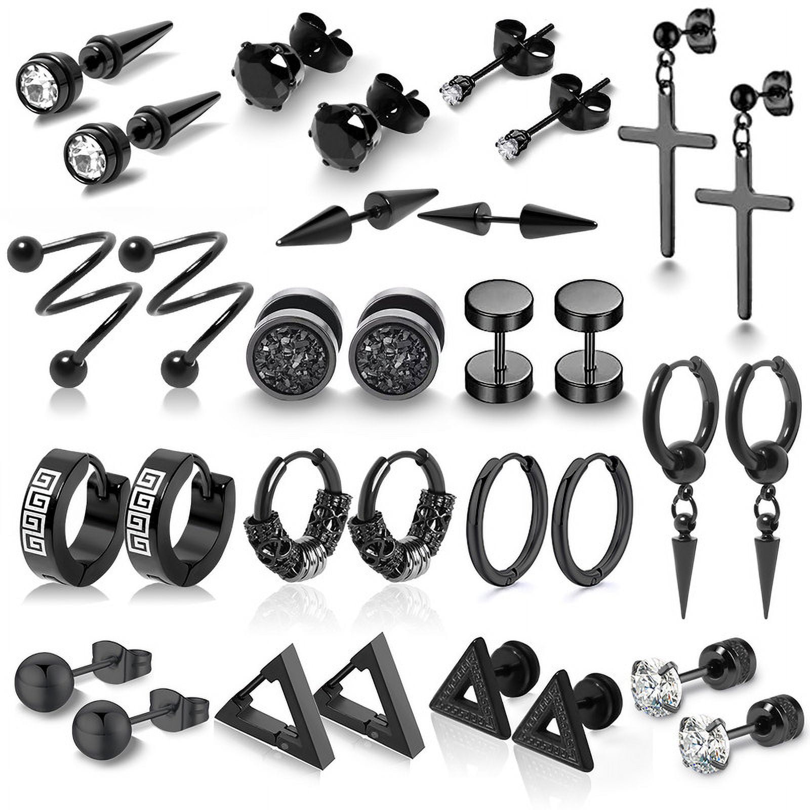 16 Pairs Earrings for Men Black Stainless Steel Earring Sets, Black ...