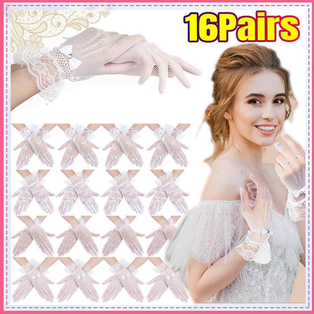 16 Pairs Women Lace Gloves Tea Party Elegant Short Vintage Mesh Gloves ...