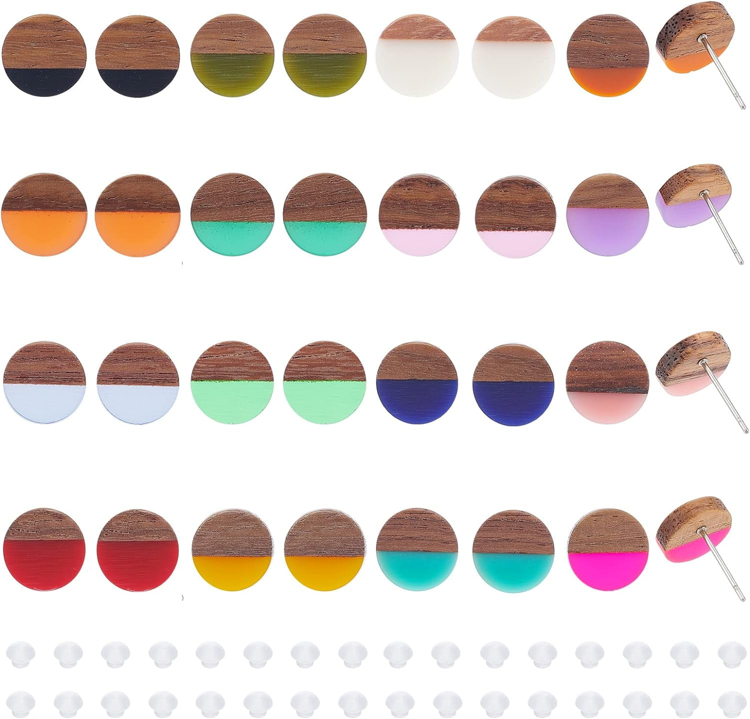 16 Pairs Wood Resin Stud Earrings, 16 Style Flat Round Wood Post Stud ...
