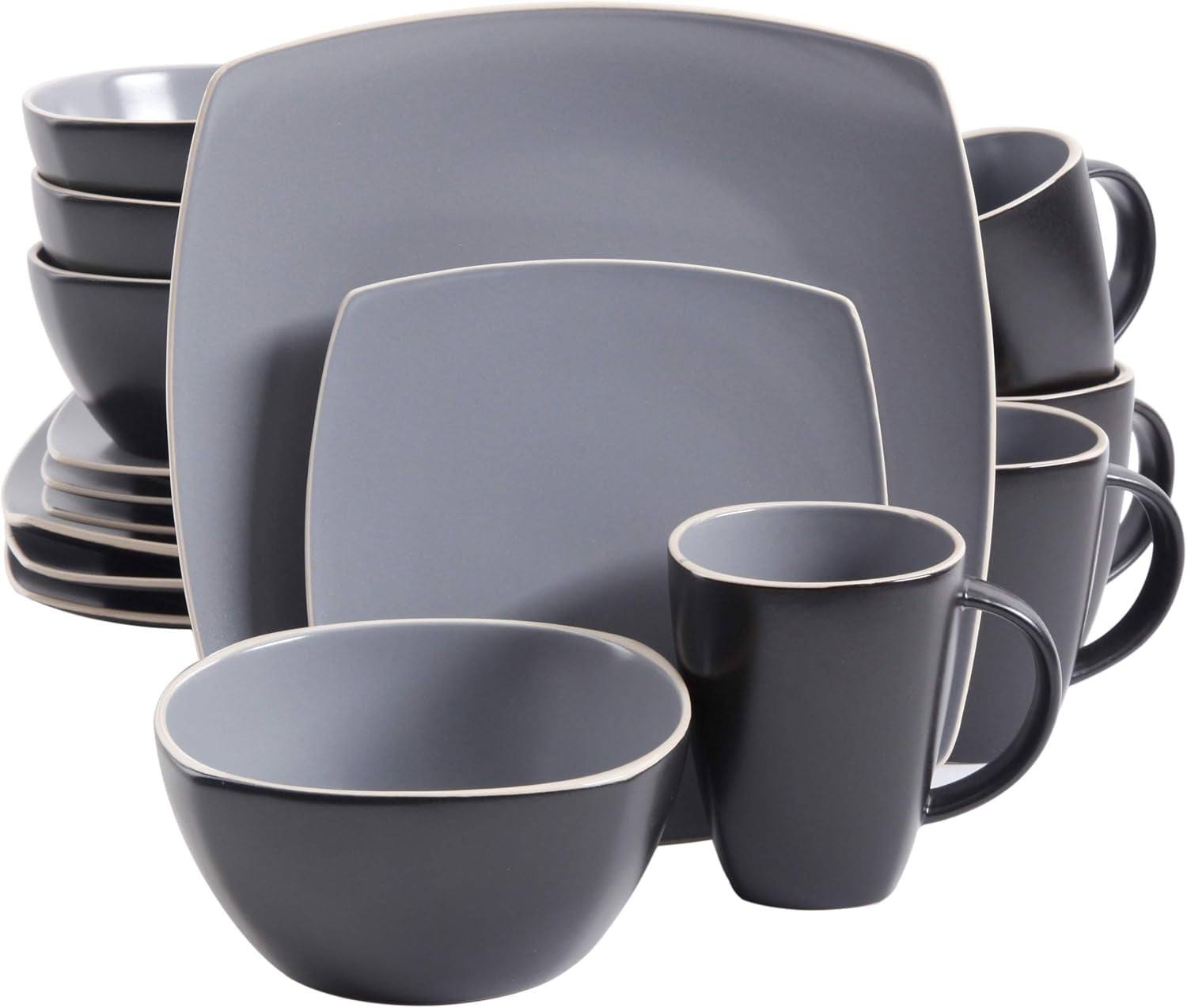 16-Pc Lounge Matte Gray Dinnerware Set - Service for 4, Modern Sleek ...