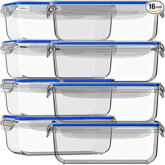 16 Pc (Set of 8) 30 Oz Glass Meal Prep Containers with Lids, Airtight ...