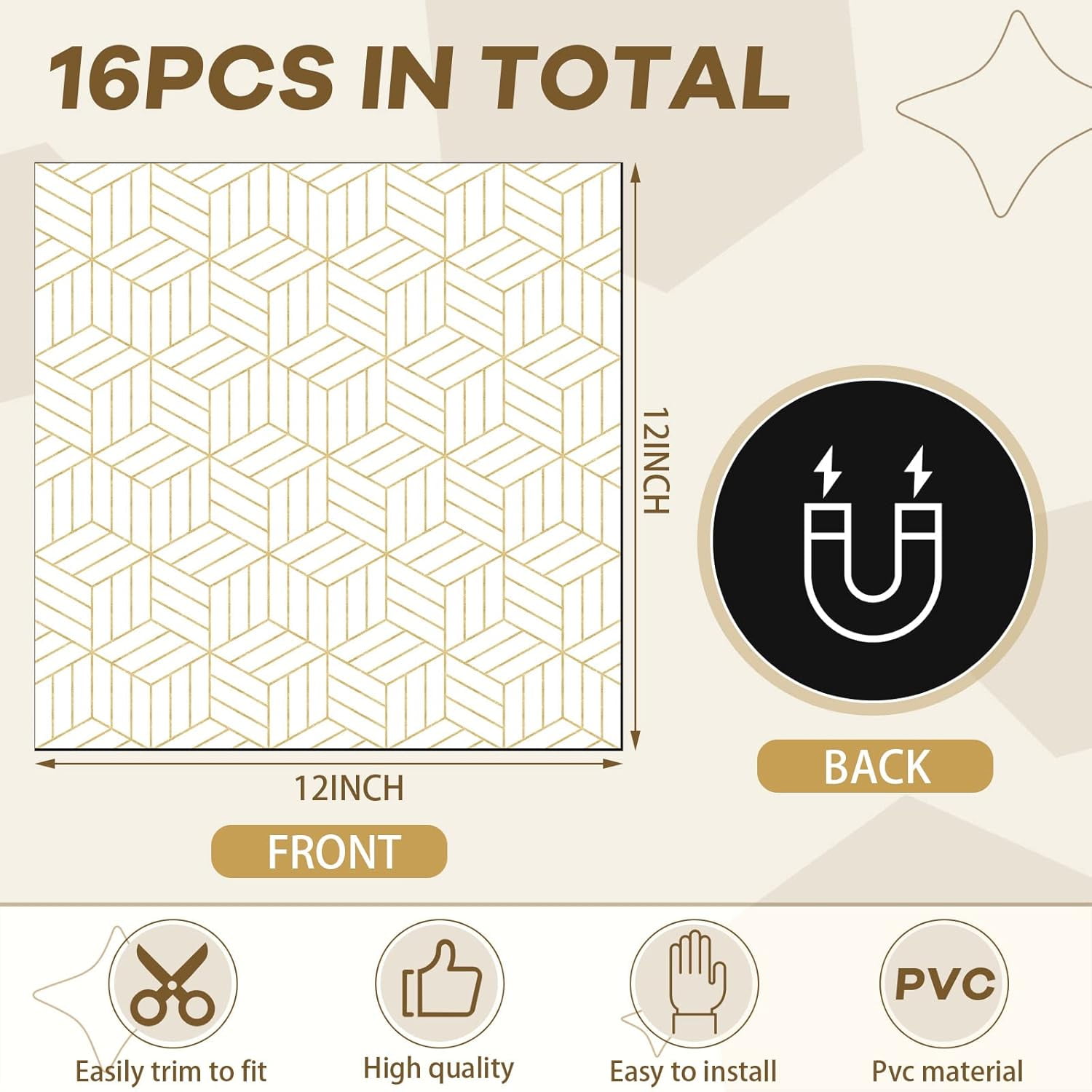 16 Pcs 12x12 Magnetic Locker Wallpaper Decor, Gold and White Geometric ...