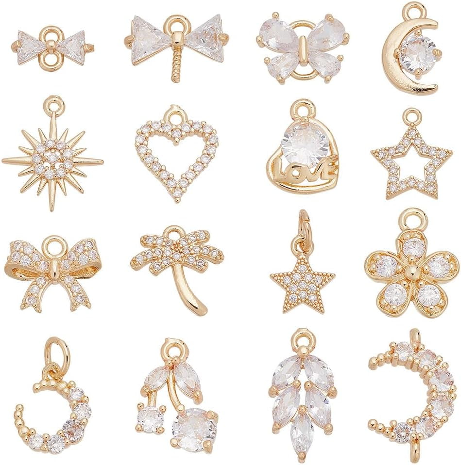 16 Pcs 14K Gold Plated Pendant 16 Styles Moon Flower Star Bowknot Brass ...
