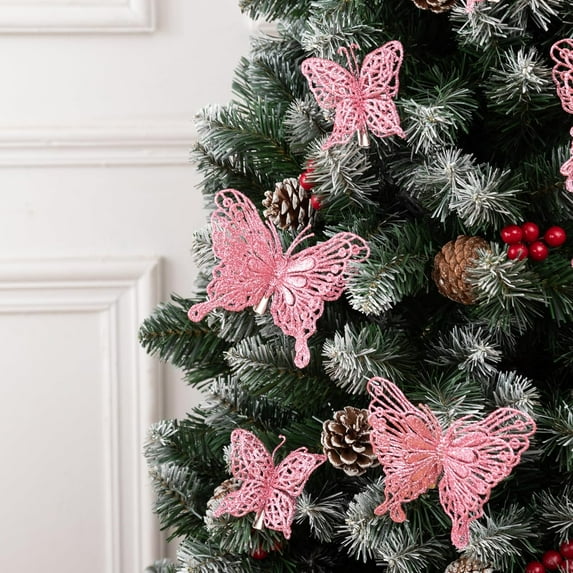 16 Pcs 2 Size Christmas Tree Butterfly Decorations，Glitter Hollow ...