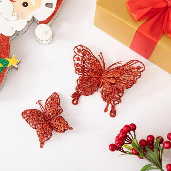 16 Pcs 2 Size Christmas Tree Butterfly Decorations，Glitter Hollow ...