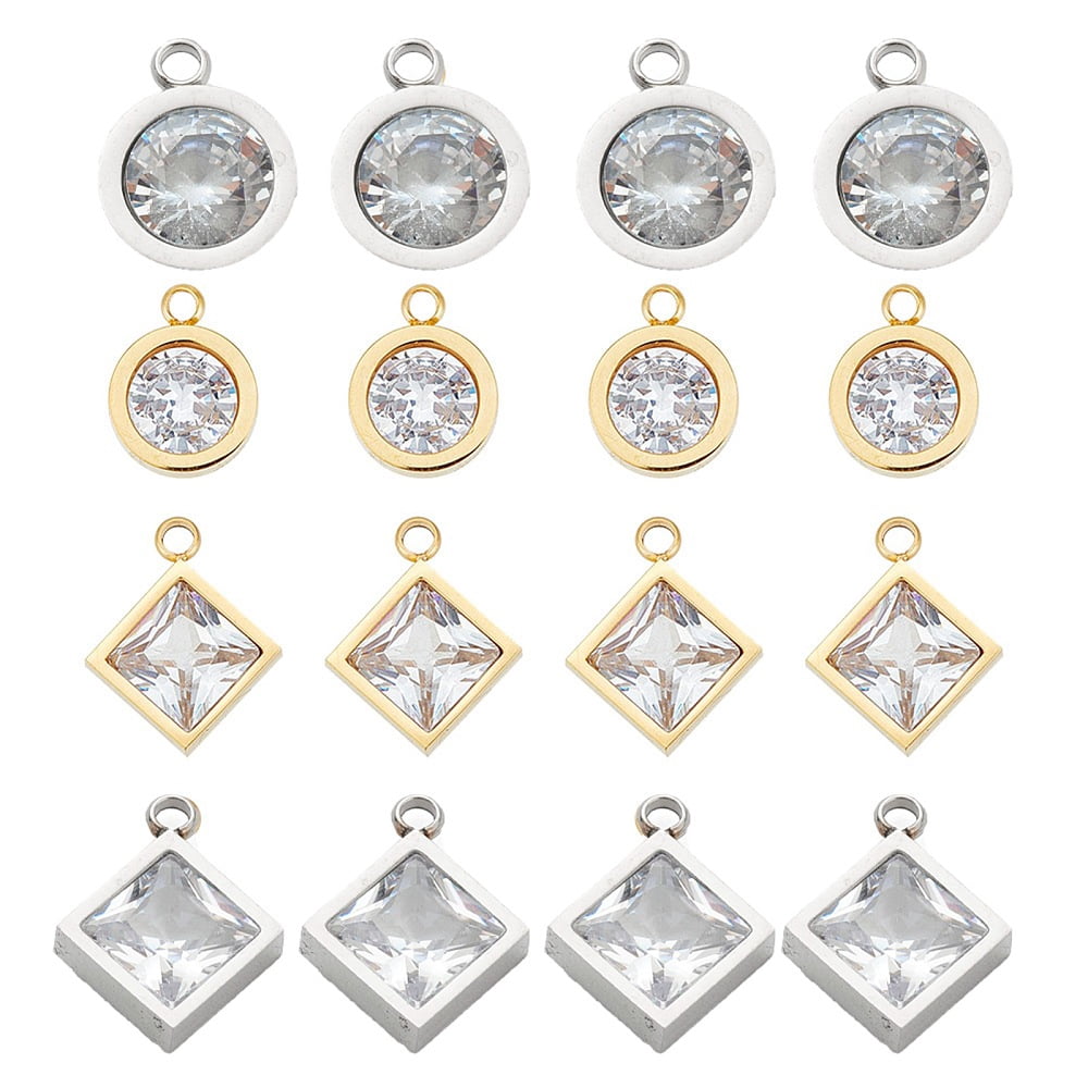 16 Pcs 4 Styles Flat Round Rhombus Pendants 304 Stainless Steel ...