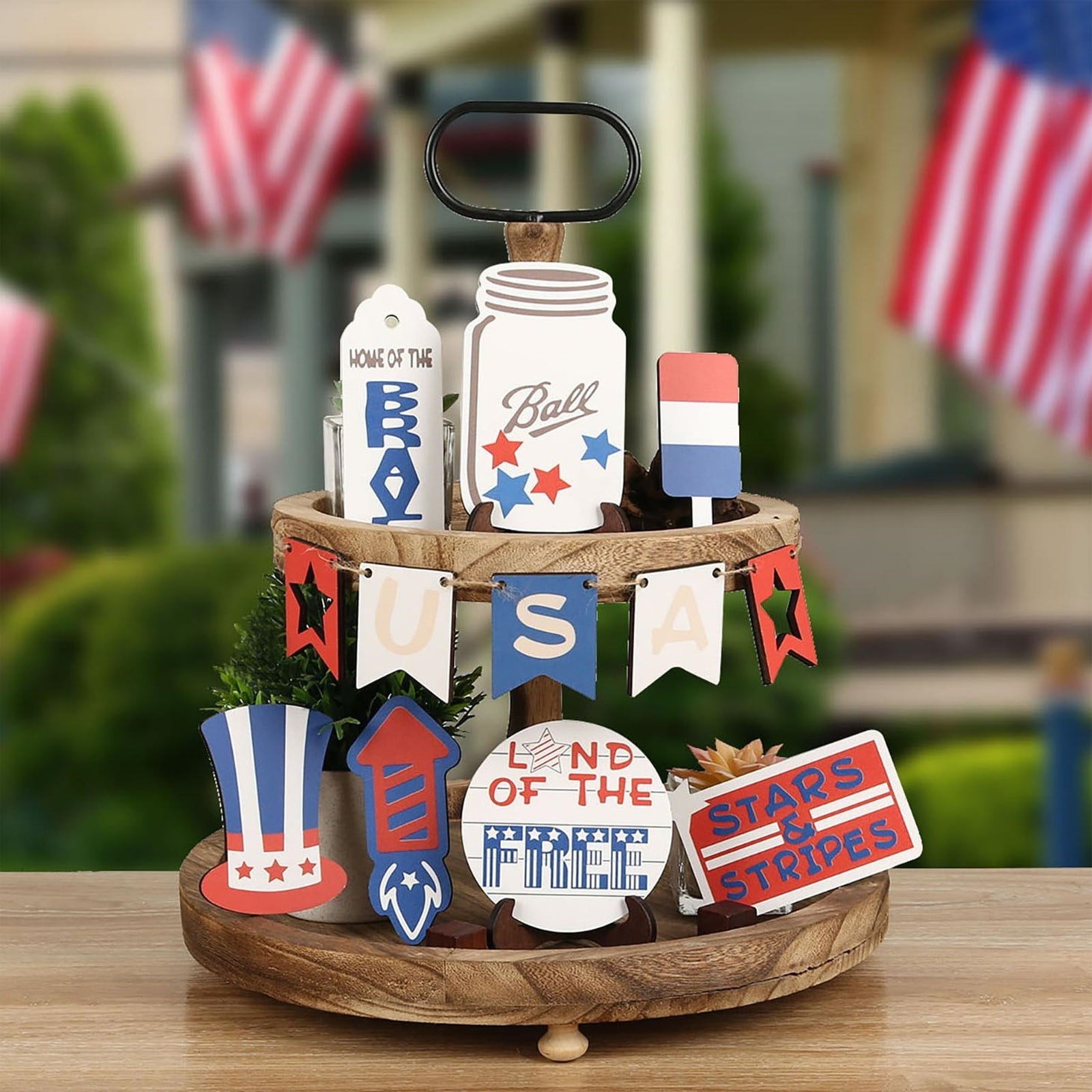 16 Pcs 4th of July Patriotic Tiered Tray Decor Set Memorial Day Decoration Red White Blue Wood ...