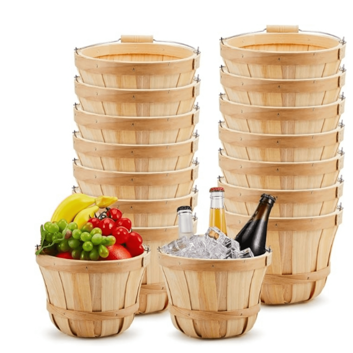 16 Pcs 7.5 x 5.9 in Round Wooden Basket Apple Basket Bushel Bulk Fruit Buckets with Handle ...