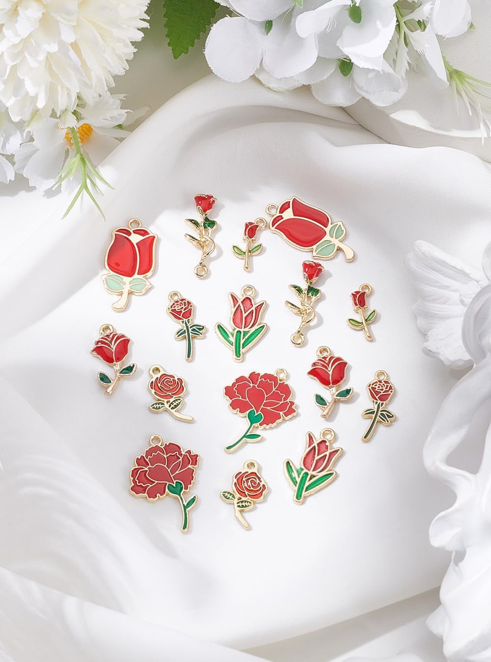 16 Pcs 8 Styles Enamel Rose Flower Alloy Charms Bulk Red Rose Flower ...
