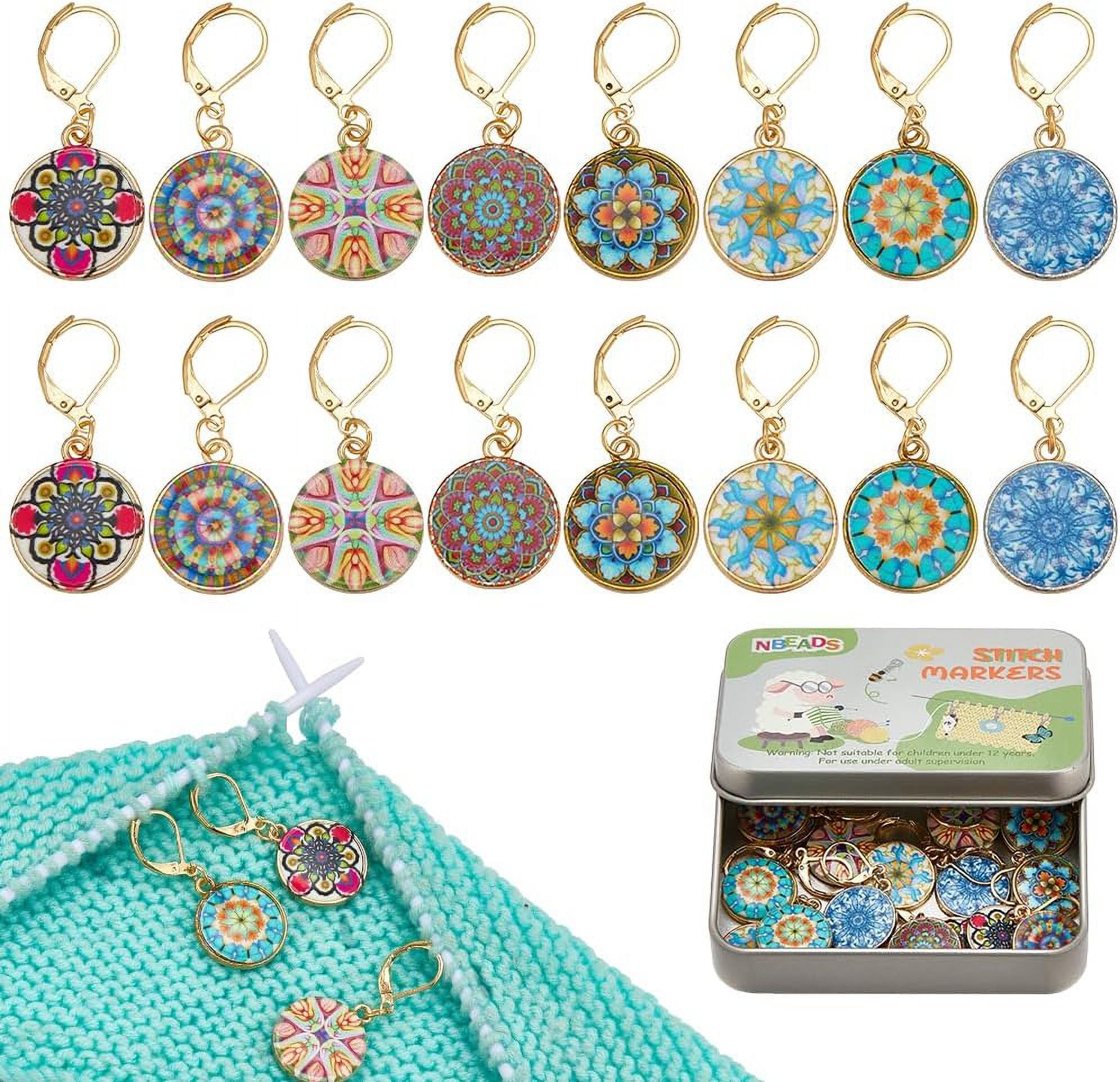 16 Pcs 8 Styles Flat Round Stitch Markers Alloy Enamel Crochet Stitch Marker Vintage Flower ...