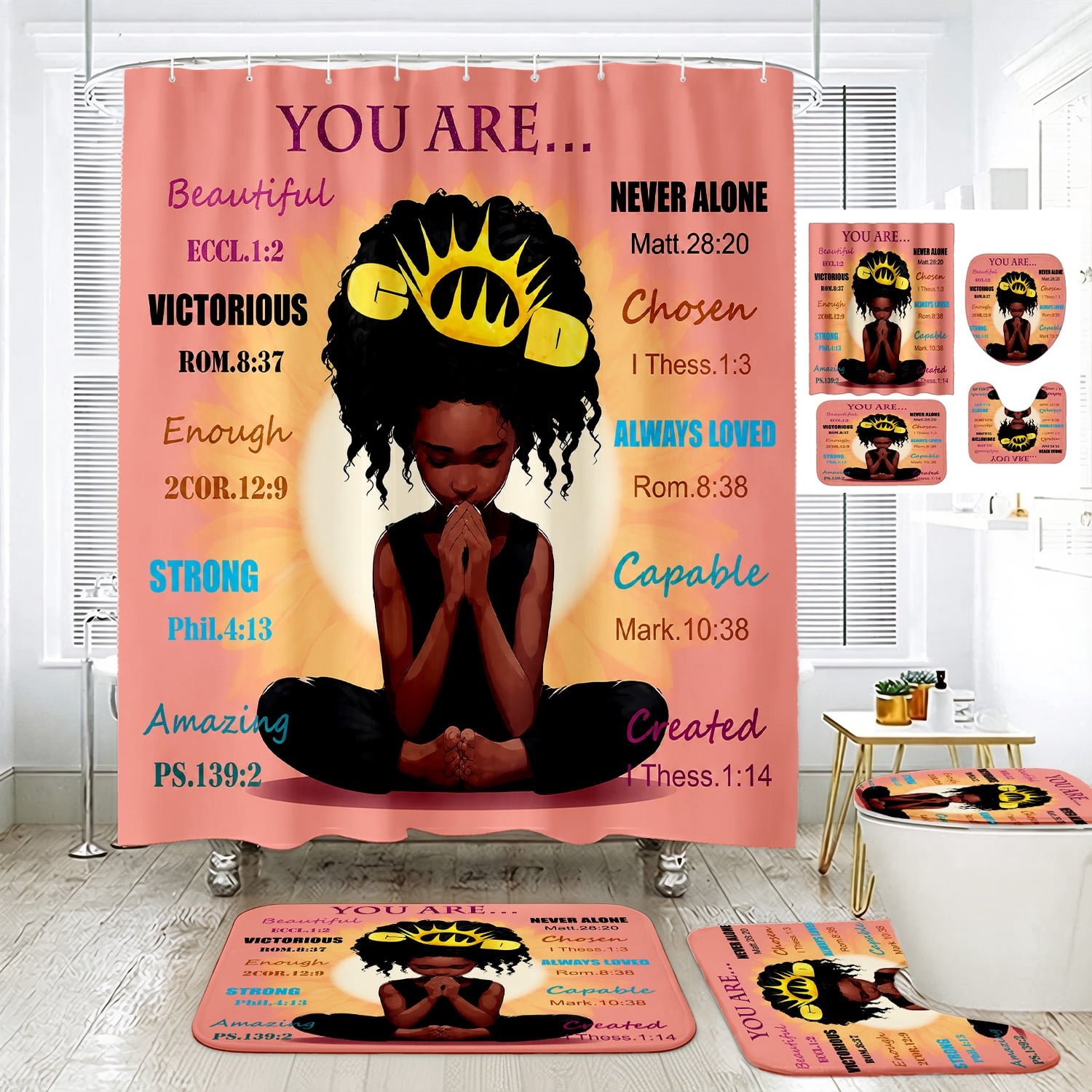 16 Pcs Black Girl Shower Curtain and Rug Sets, Inspirational Quote ...