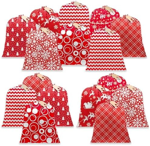 16 Pcs Bulk Christmas Drawstring Gift Bags Reusable Xmas Sacks Fabric ...