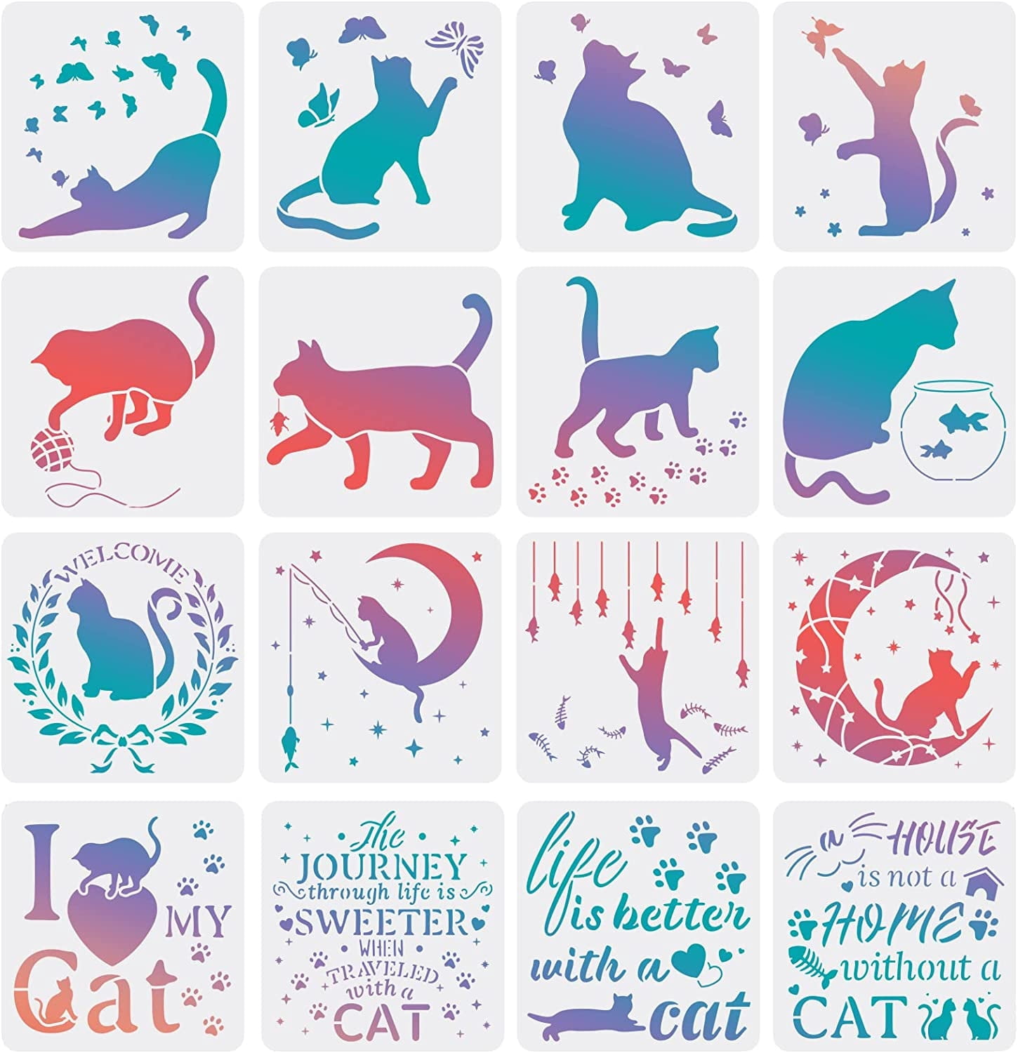 16 Pcs Cat Stencils 7.8x7.8inch Plastic Cat Butterfly Drawing Painting ...