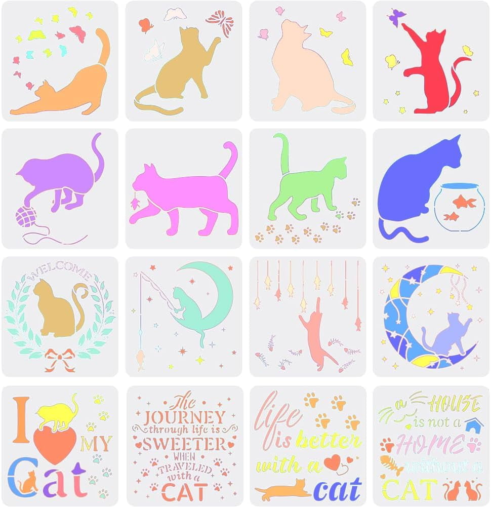 16 Pcs Cat Stencils 7.8x7.8inch Plastic Cat Butterfly Drawing Painting ...
