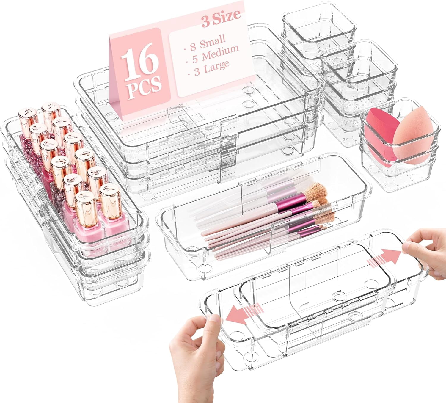 16 Pcs Clear Extendable Drawer Organizer, Adjustable Drawer Storage 3 ...