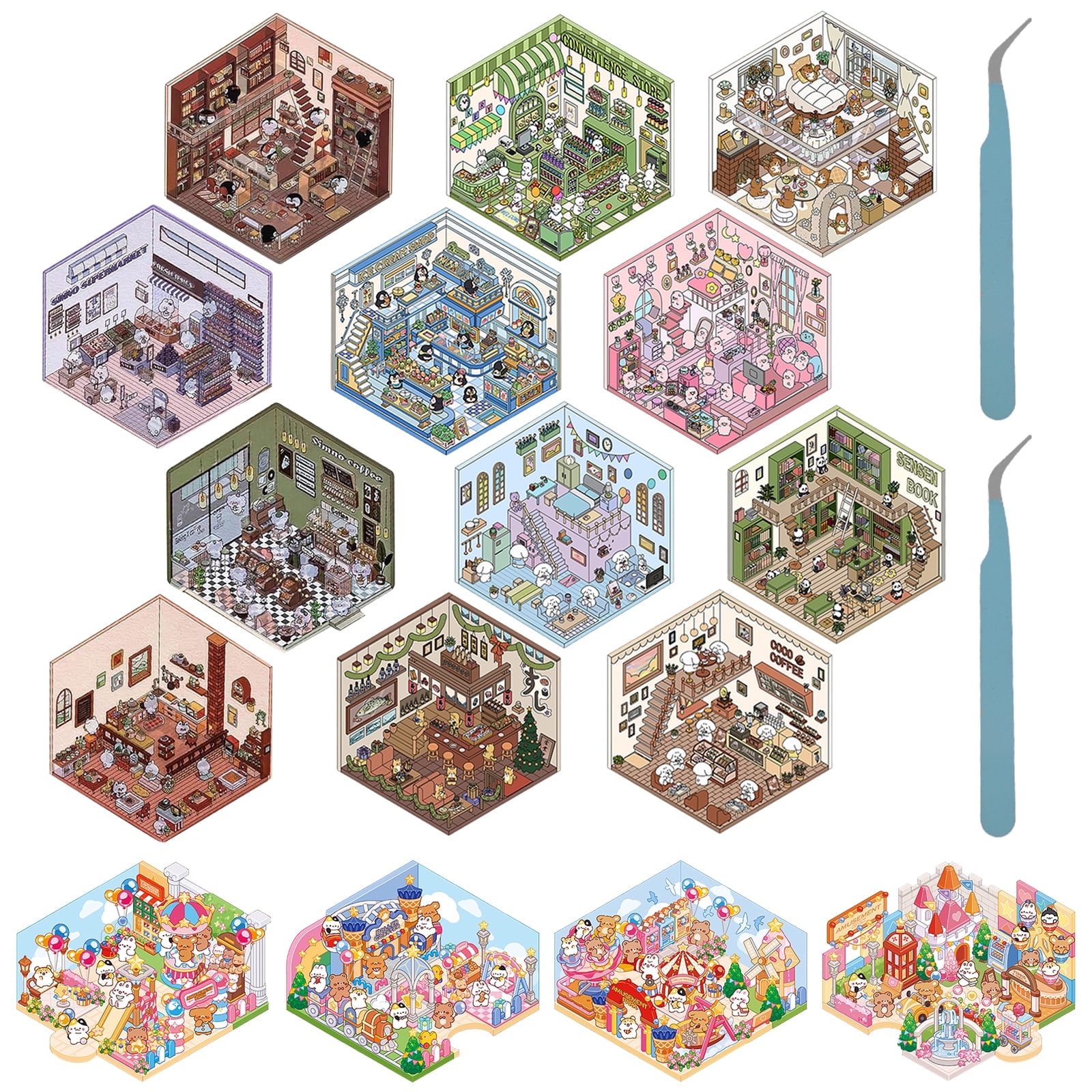 16 Pcs DIY 3D House Stickers with Tweezers Fun DIY 3D Sticker Scene ...