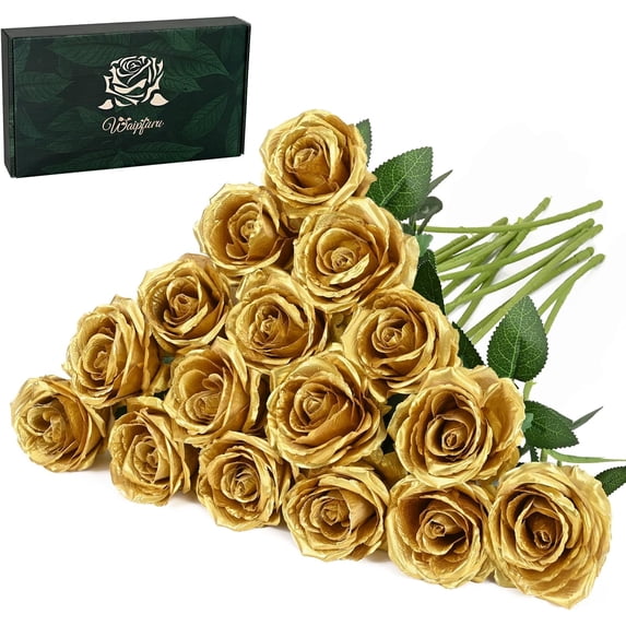 16 Pcs Fake Gold Roses Artificial Flowers with Long Stems, Rose Bouquet ...