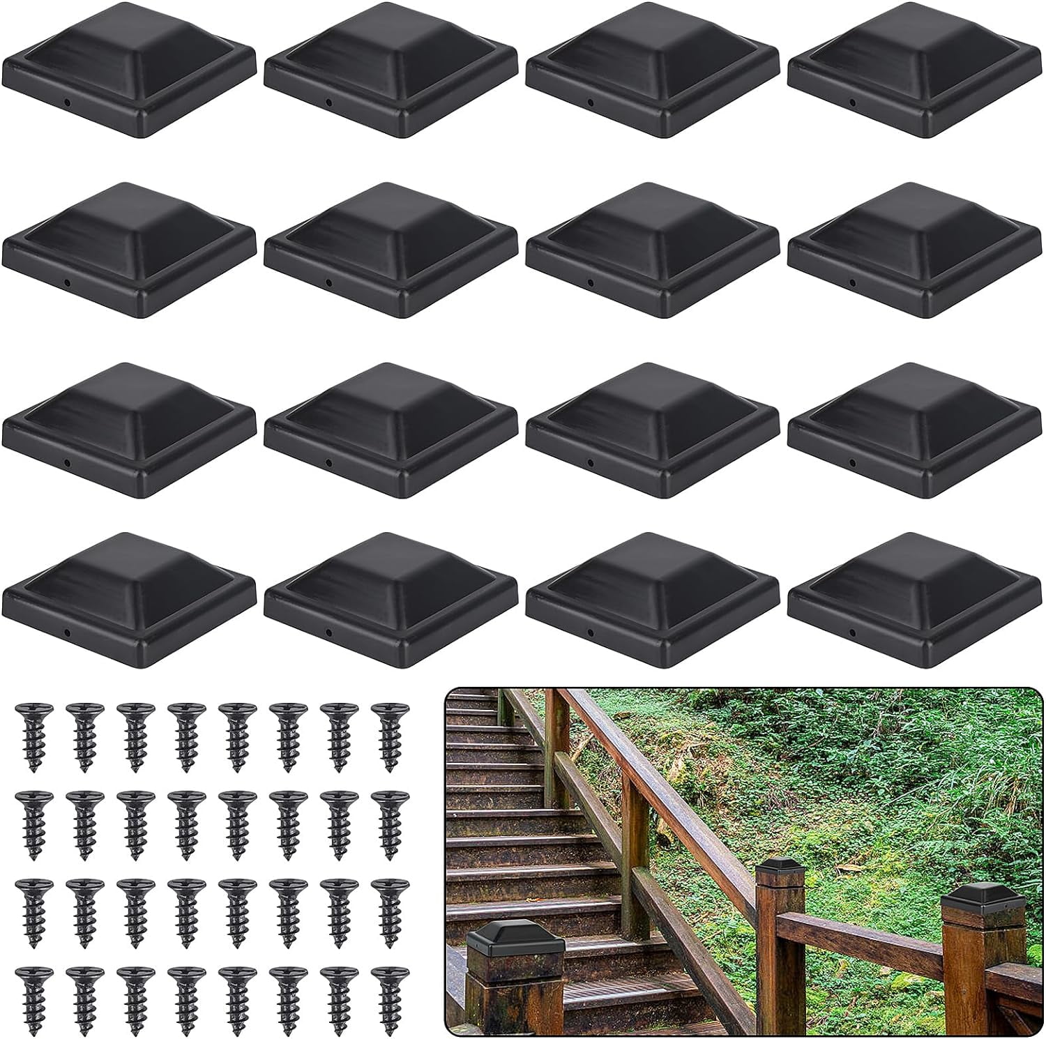 16 Pcs Fence Post Caps, Durable Plastic Post Caps with 32 Screws, 4 x4 ...