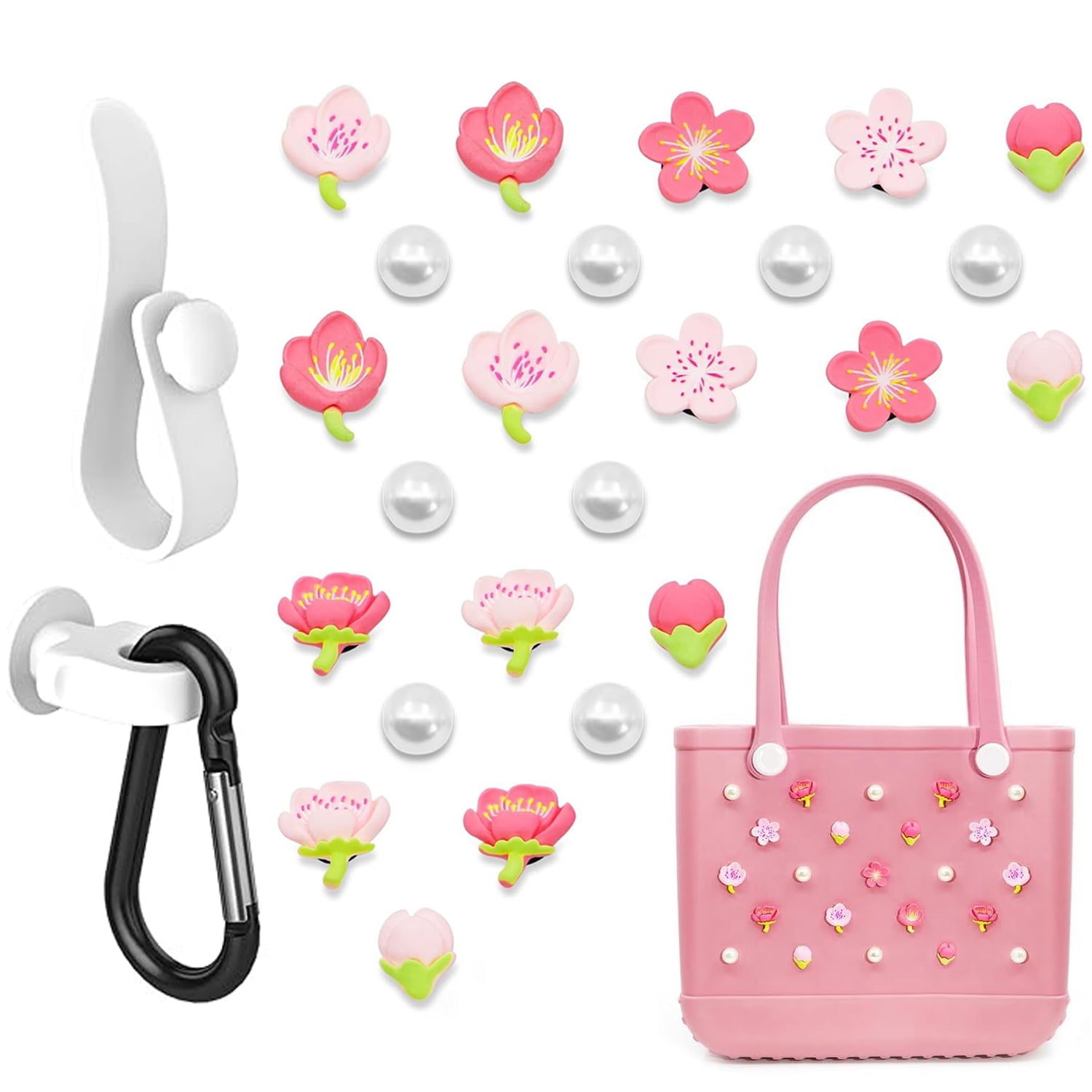 16 Pcs Flower and 8 Pearl Charm Accessory & 2 Key Holders for Bogg Bags ...