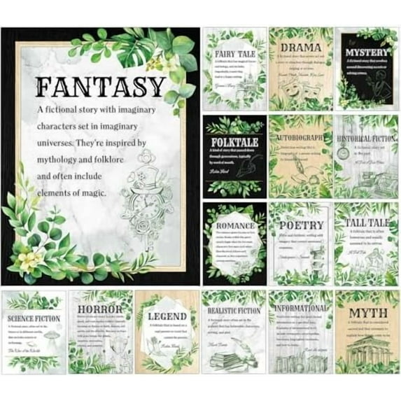 16 Pcs Literary Genres Posters Bulletin Board Set Greenery Classroom ...