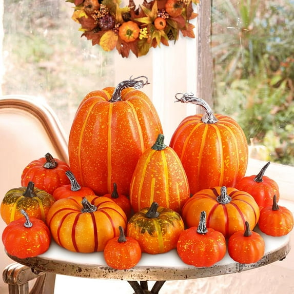 16 Pcs Pumpkin Fall Decorations, Decorative Large Small Outdoor Orange ...