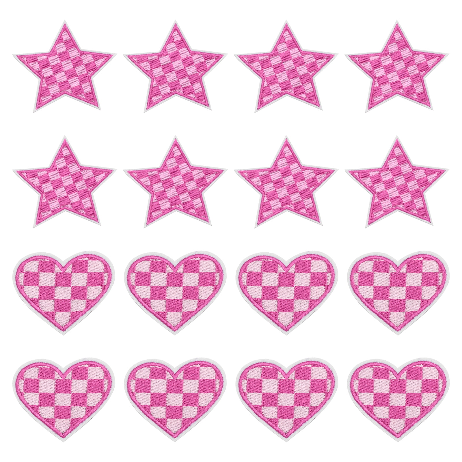 16 Pcs Star Heart Checkered Iron On Patches Pink Embroidered Garment ...