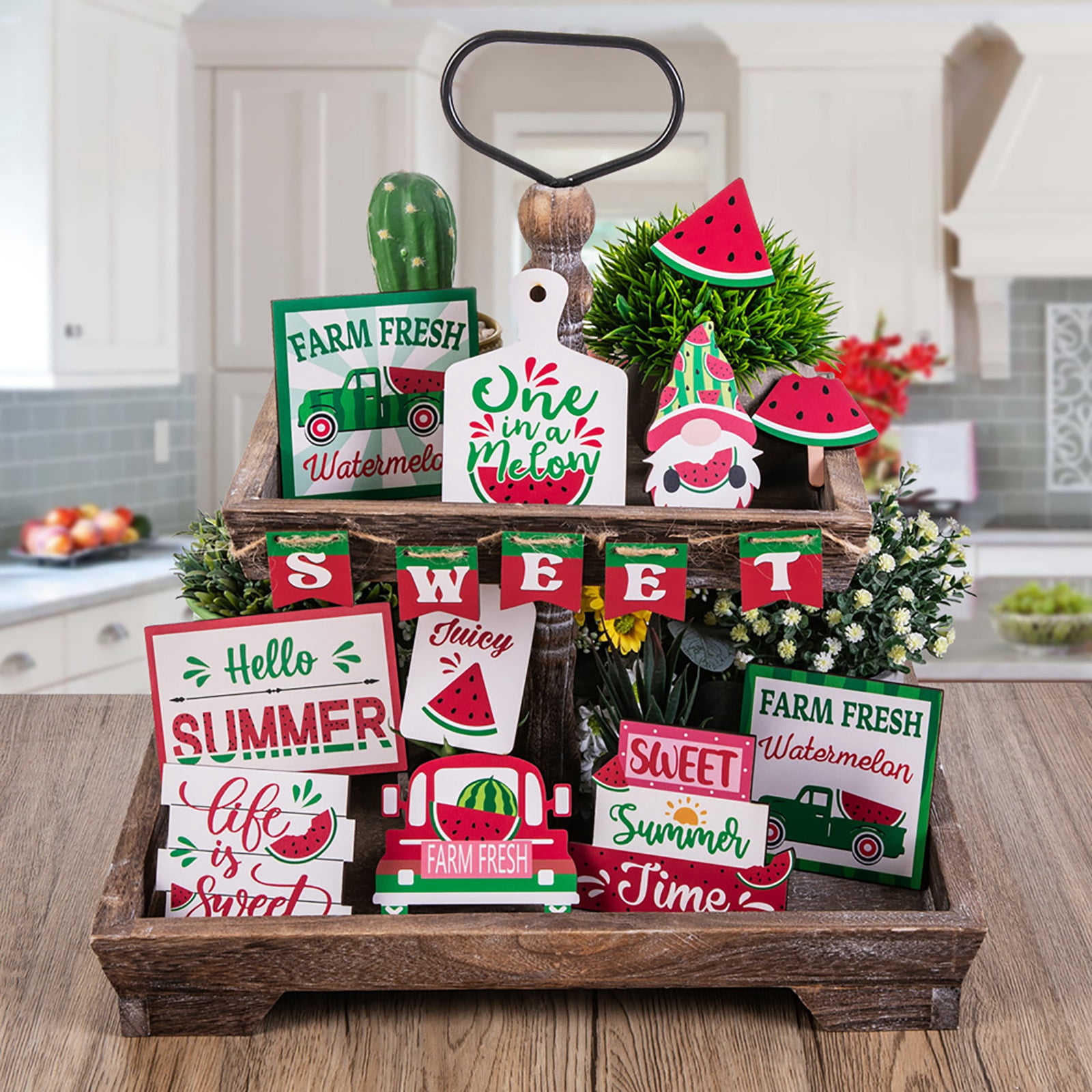 16 Pcs Summer Tiered Tray Decor Watermelon Tiered Tray Decorations Set ...