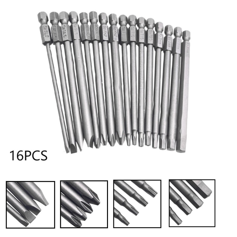 16 Pcs Torx Hex Slotted Cross Head Screwdriver Bits Set 100mm Long ...