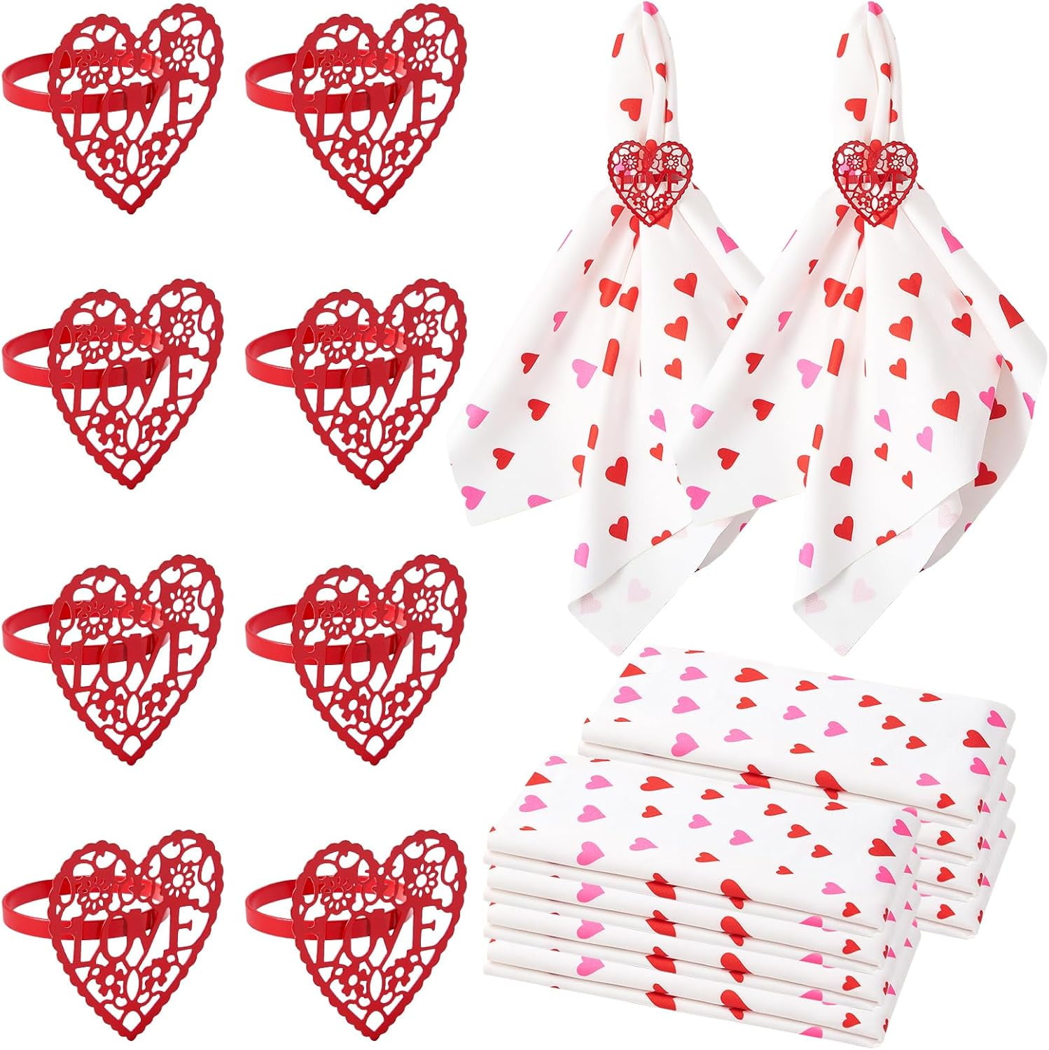 16 Pcs Valentine Napkin Rings and Valentine Cloth Napkins, Metal Heart ...