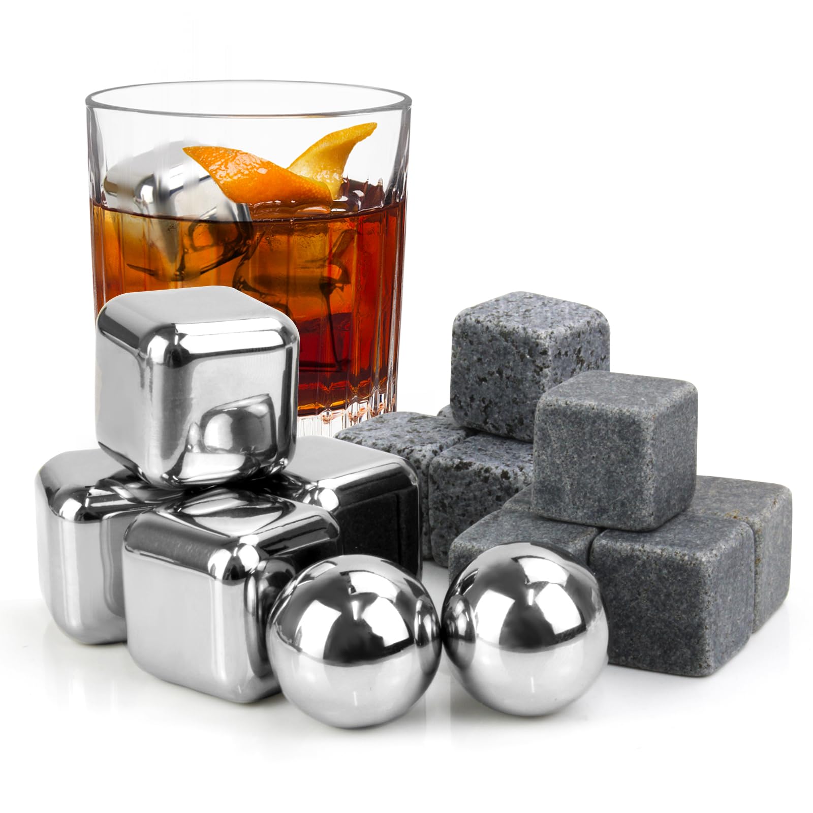 16 Pcs Whiskey Stones, Include Metal Ice Cube, Granite Stones, Whiskey ...