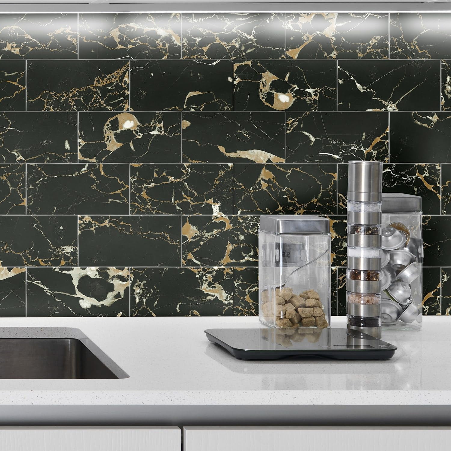 16- Peel and Backsplash Marble Wall Tiles, 4" " Glossy Imitation Black ...