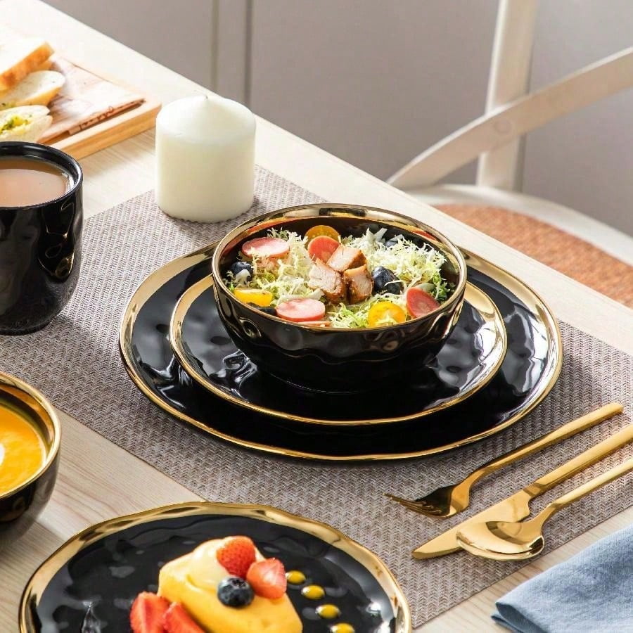 16-Piece Black Dinnerware Set with Gold Trim - Stoneware Plates, Bowls ...
