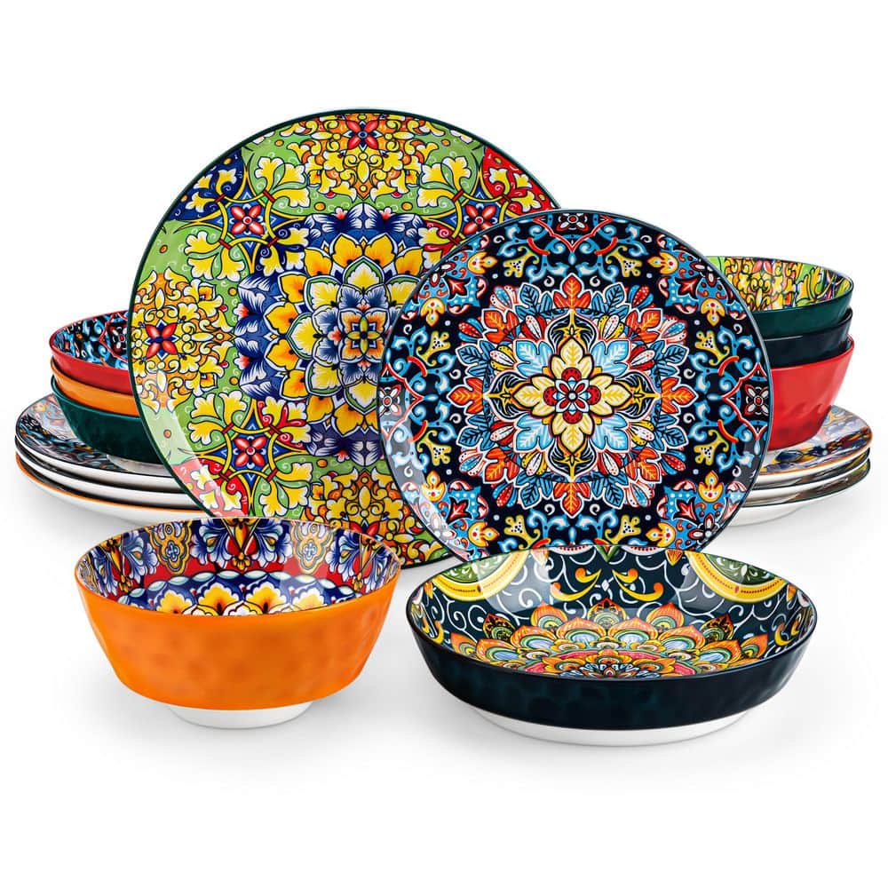 16-Piece Bohemian Multi-Colored Stoneware Dinnerware Set Service for 4 ...