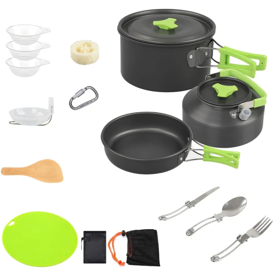 16-Piece Camping Cooking Ware Set, Aluminum Pot, Pan, Kettle, Bowls ...