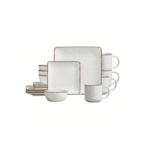 16-Piece Ceramic Dinnerware Set For 4, Grooved Texture & Gold Trim ...