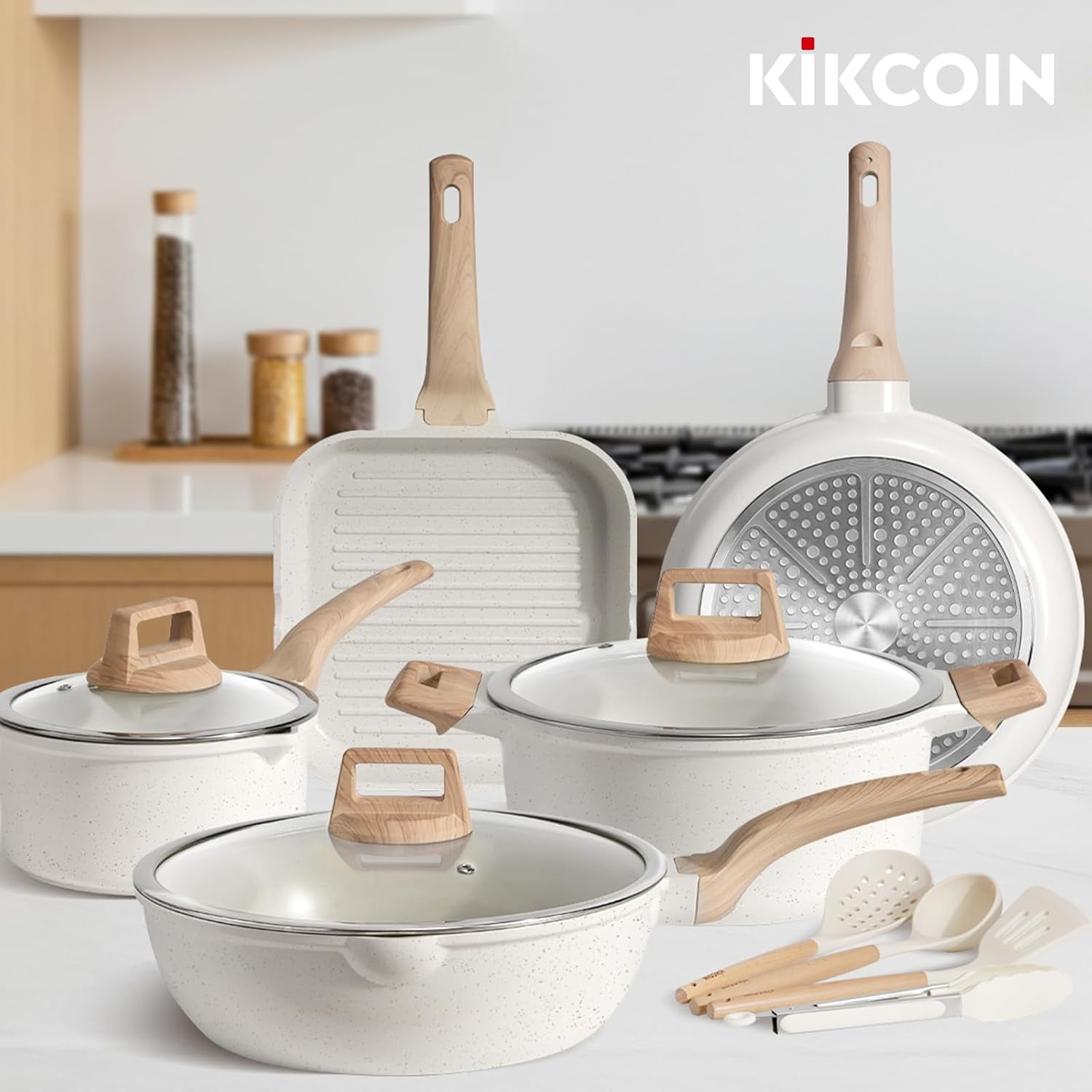 16-Piece Ceramic Nonstick Cookware Set with Induction Base and Glass ...