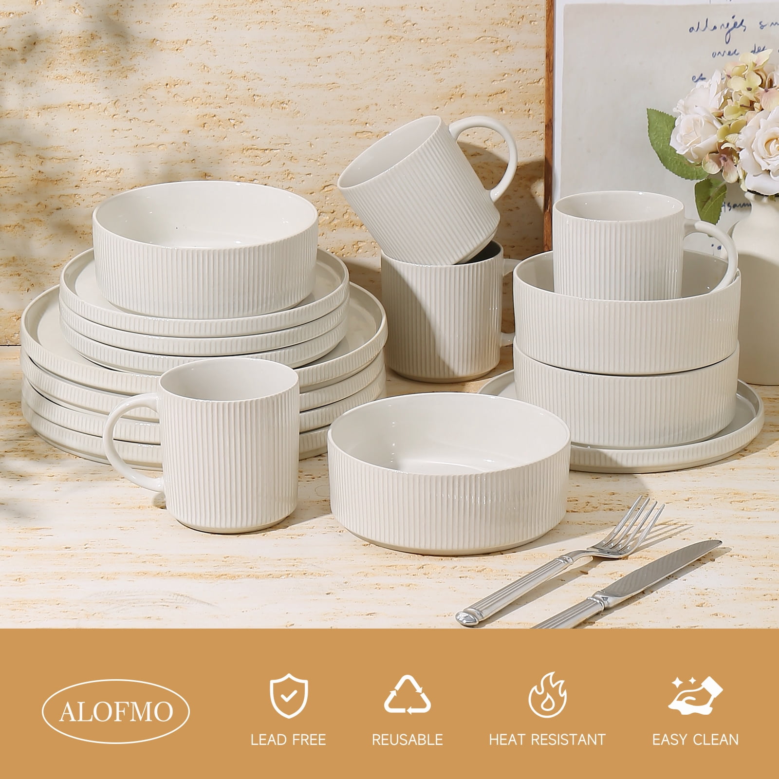 ALOFMO Ceramic Dinnerware Sets for 4, White, Microwave & Oven Safe, 16 ...
