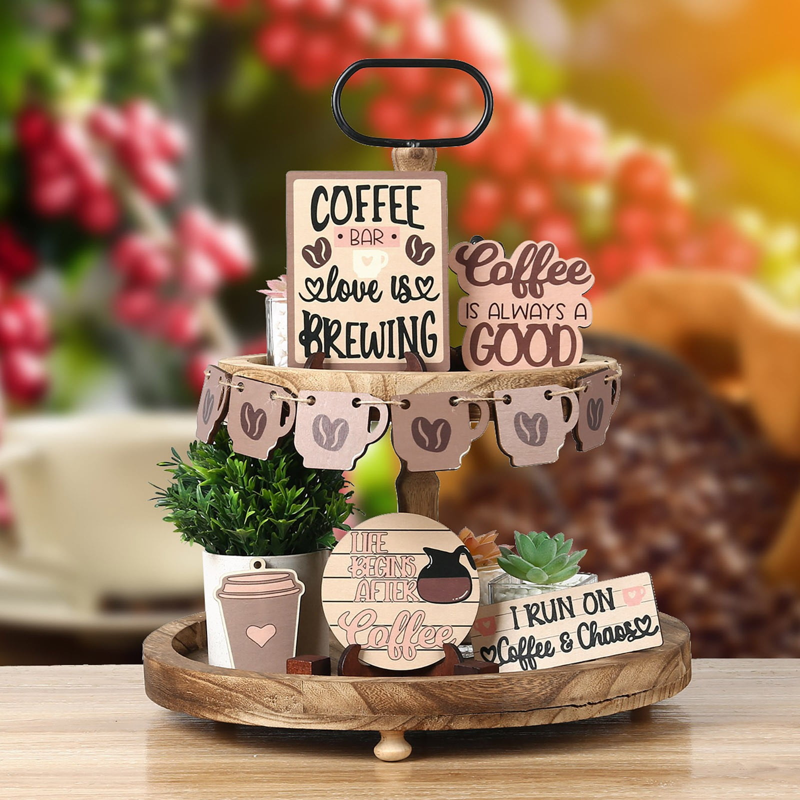 16-Piece Coffee Tiered Tray Decor Set - Textured Wooden Signs with ...
