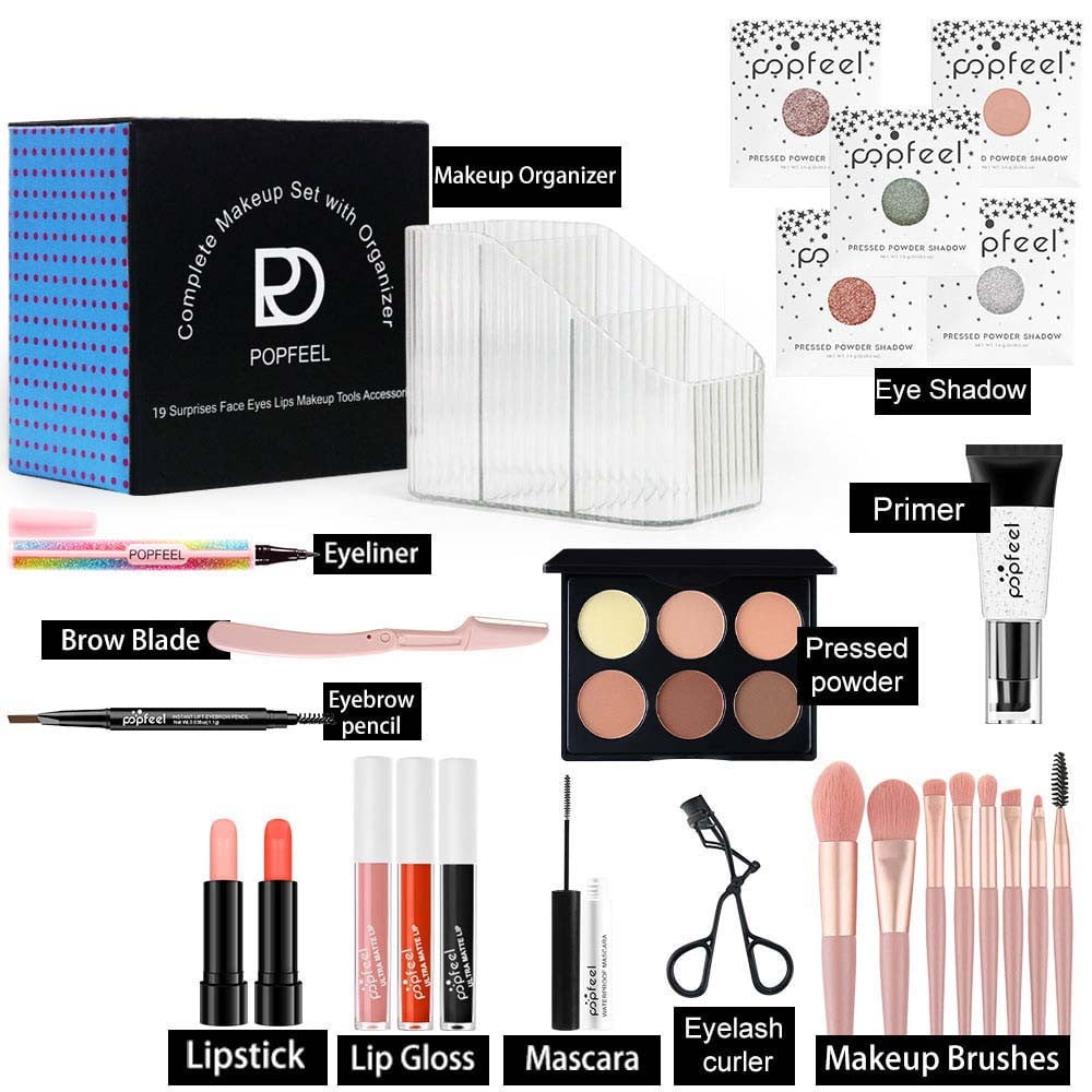 16-Piece Complete Face Makeup Set | 8 Brushes, 2 Lipsticks, 3 Lip ...