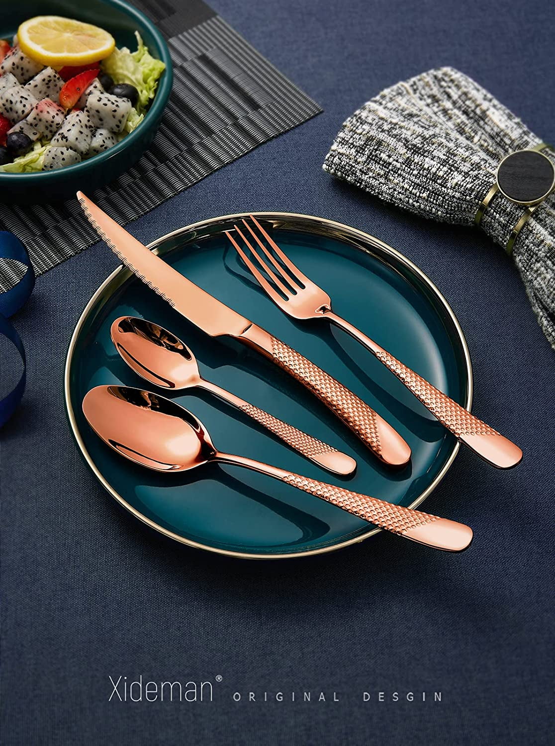 16-Piece Modern Copper Hammered Silverware Set with Ultra 2-IN-1 ...