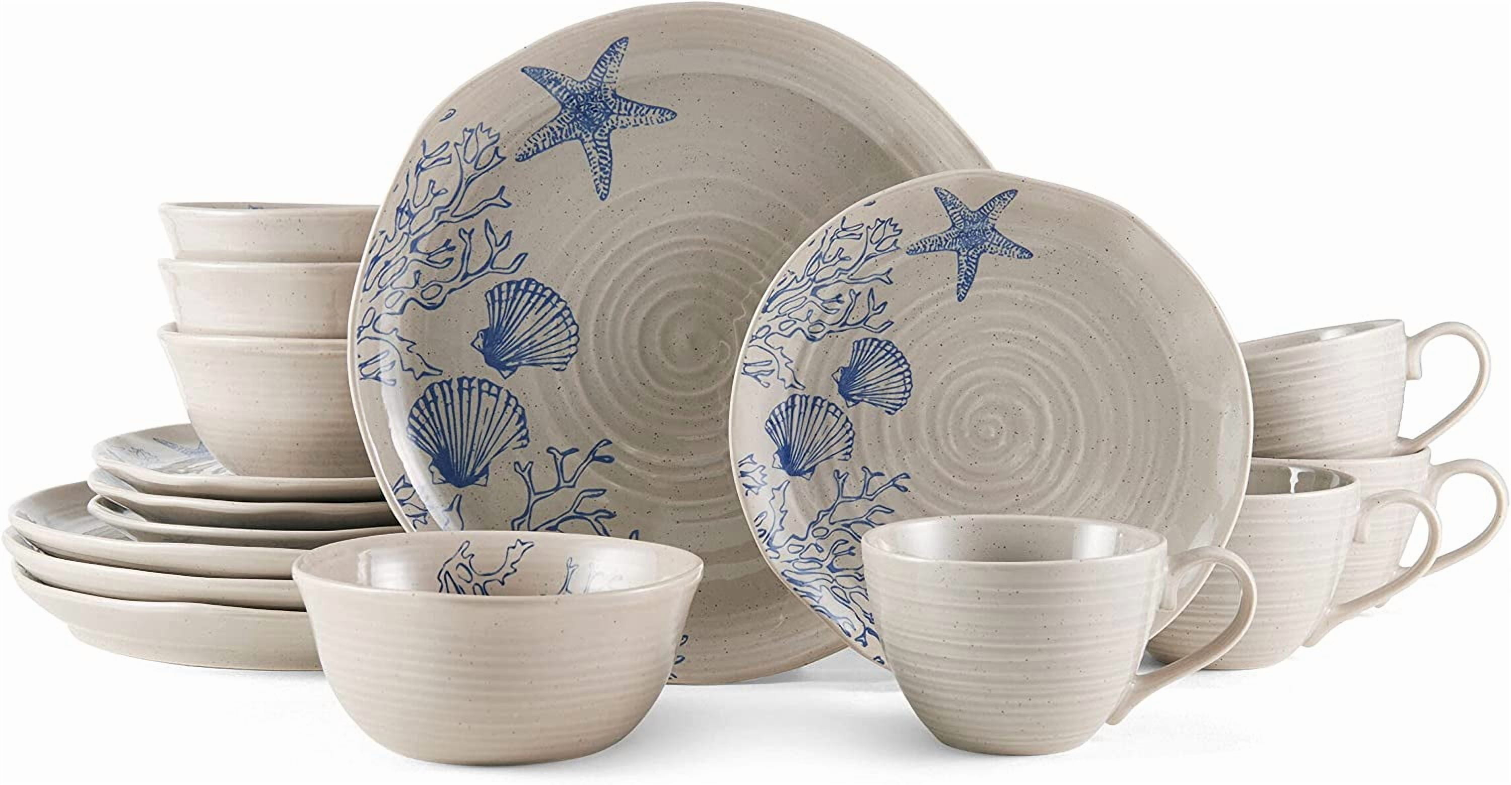 16-Piece Cream Dinnerware Set for 4, Stoneware Plates, Bowls & Mugs ...