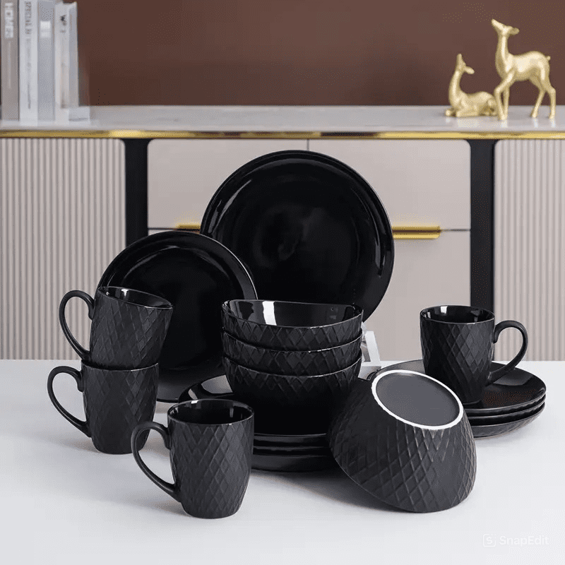 16 Piece Dinnerware Set Embossed Relief Pattern Ceramic Plates Bowls ...