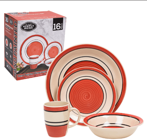 16-Piece Dinnerware Set – Hand-Painted Red Stripe Design, Service for 4 ...