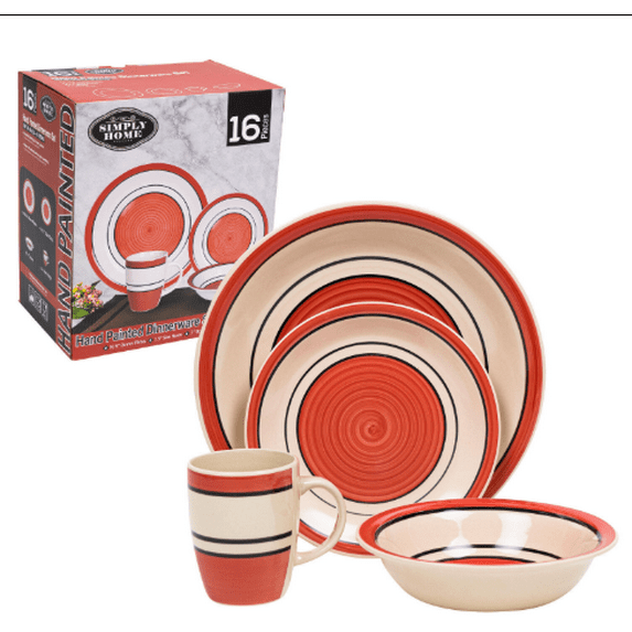 16-Piece Dinnerware Set – Hand-Painted Red Stripe Design, Service for 4 ...