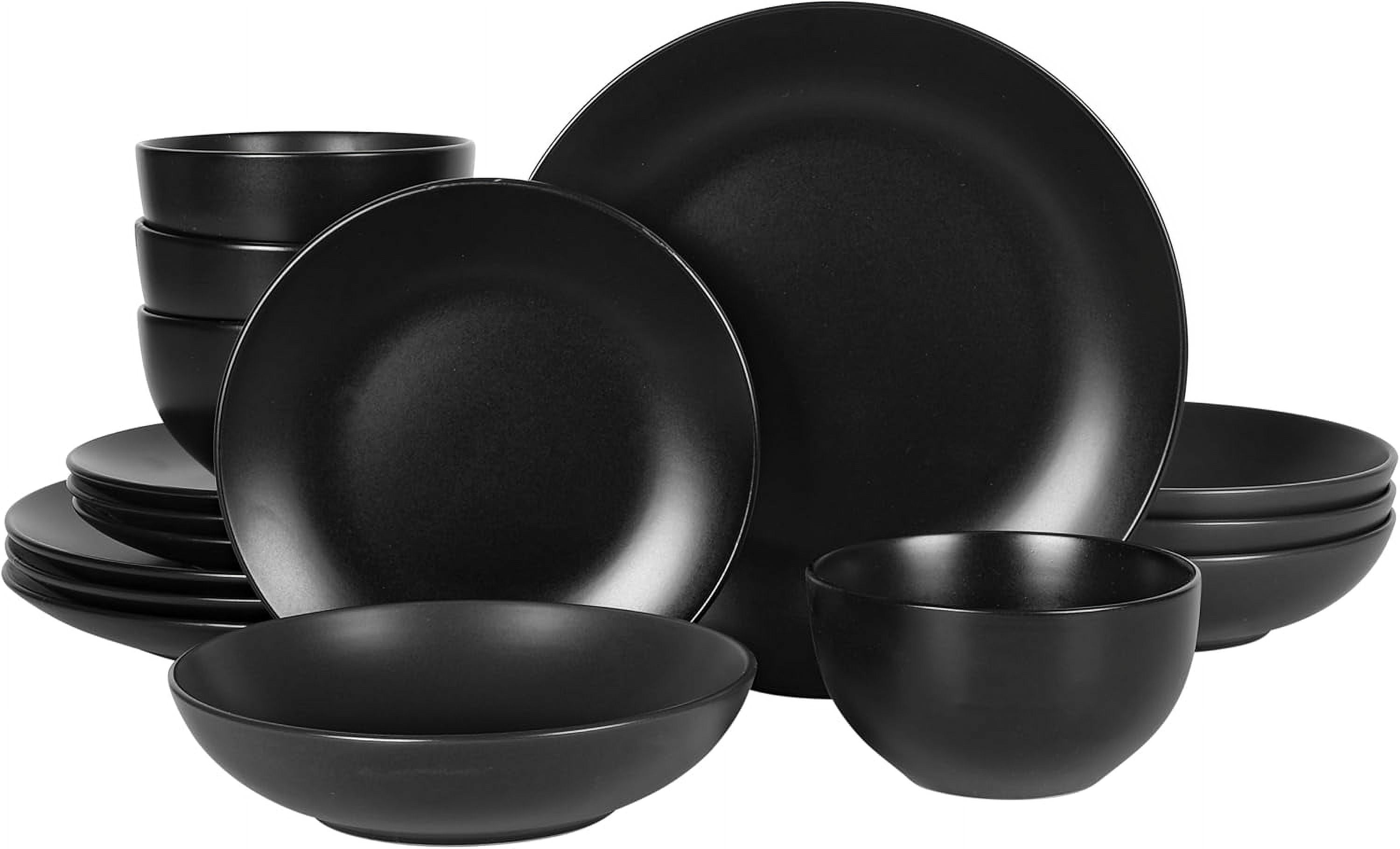 16 Piece Double Bowl Plates and Bowls Dinnerware Sets - Matte Black ...