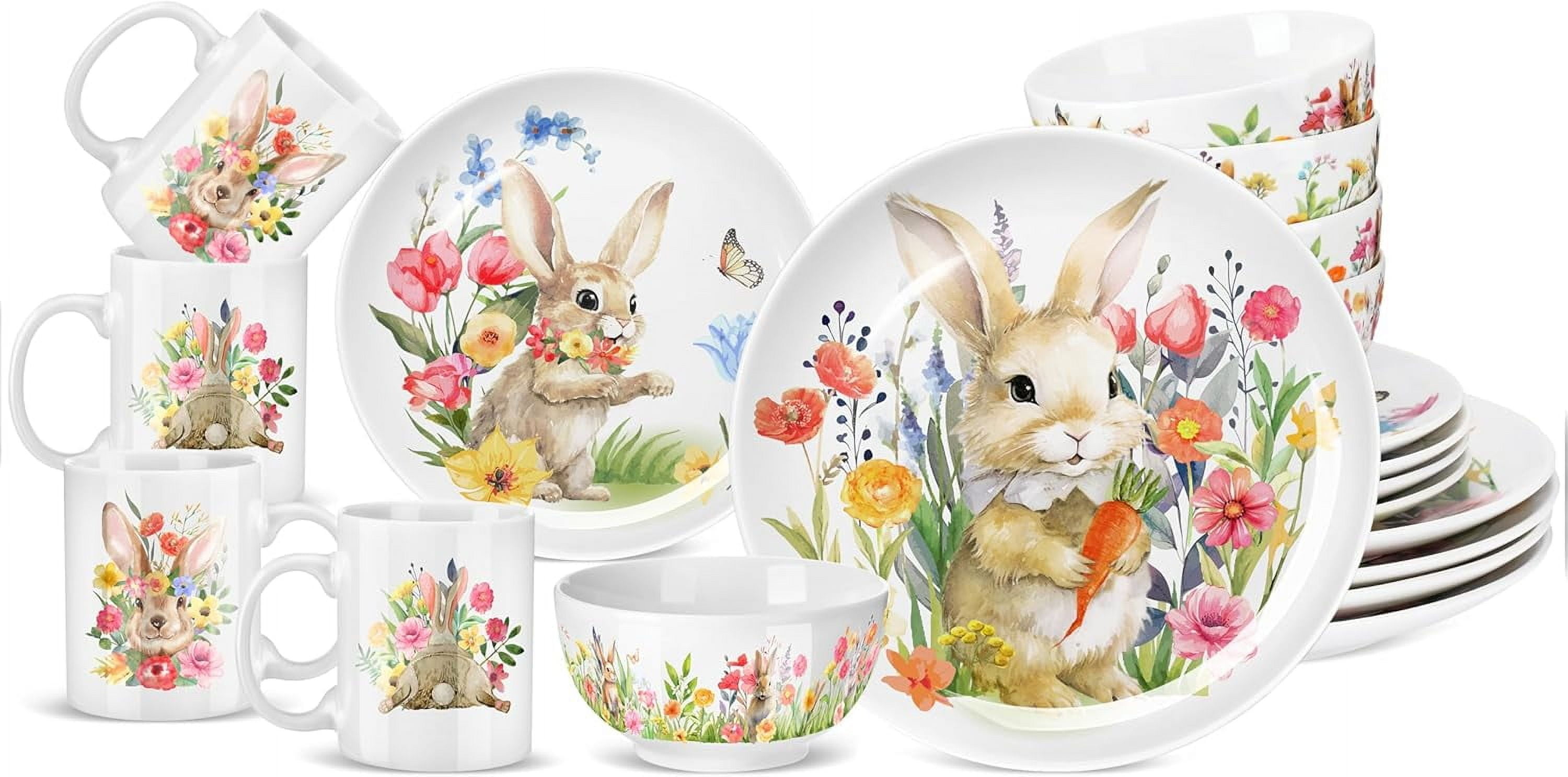 16 Piece Easter Bunny Dinnerware Set Ceramics Rabbit Floral Dishware ...